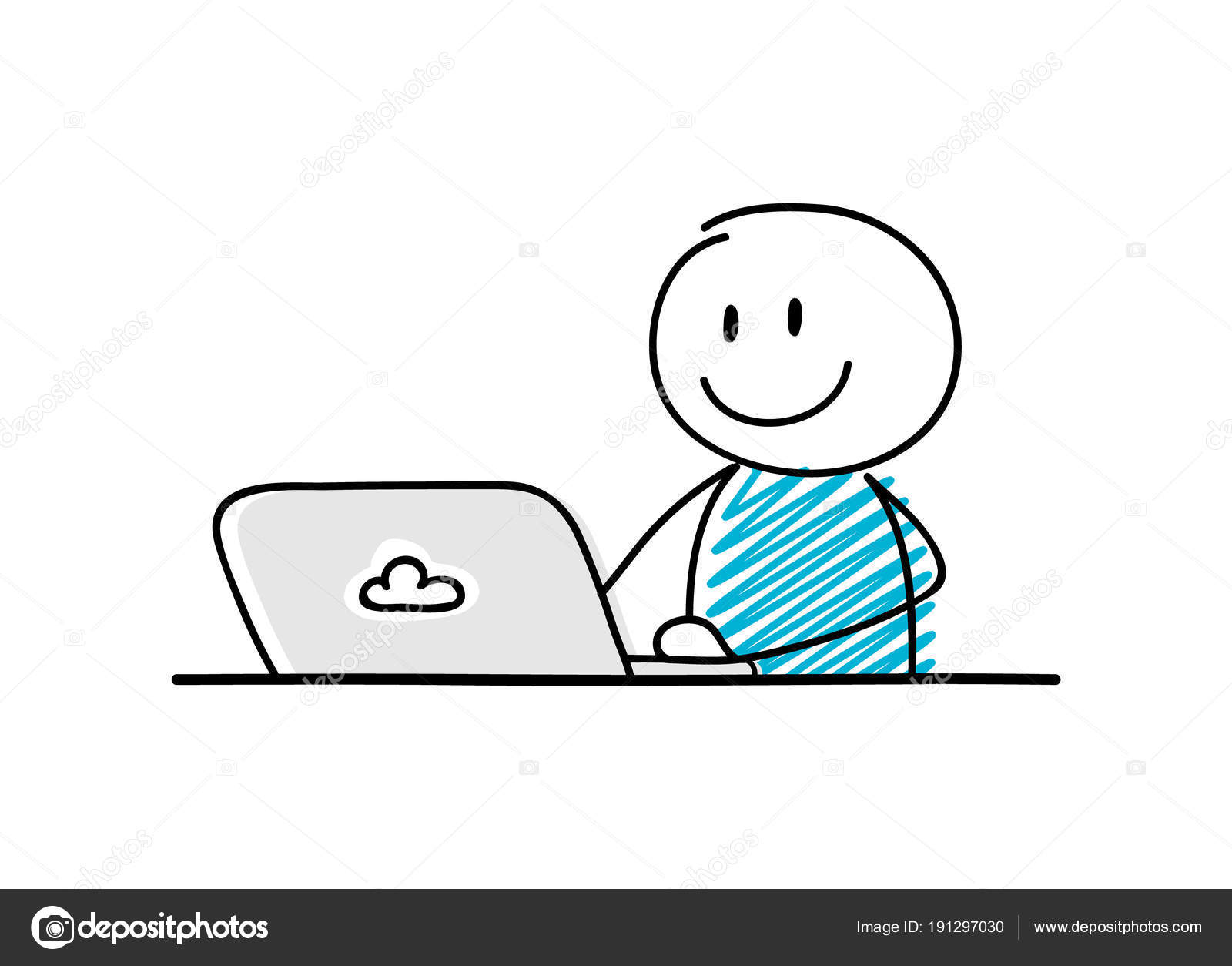 Funny Stickman Smiley Facial Expression Working Laptop Vector Stock ...