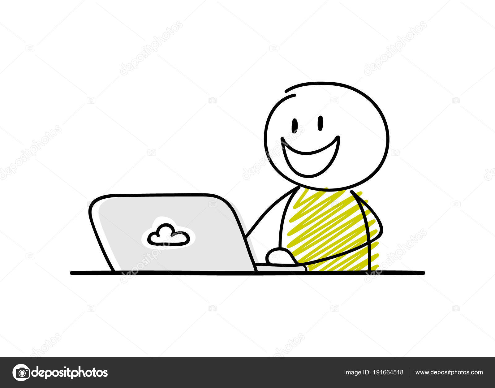 Funny Businessman Cartoon Stickman Working His Laptop Happy Facial ...