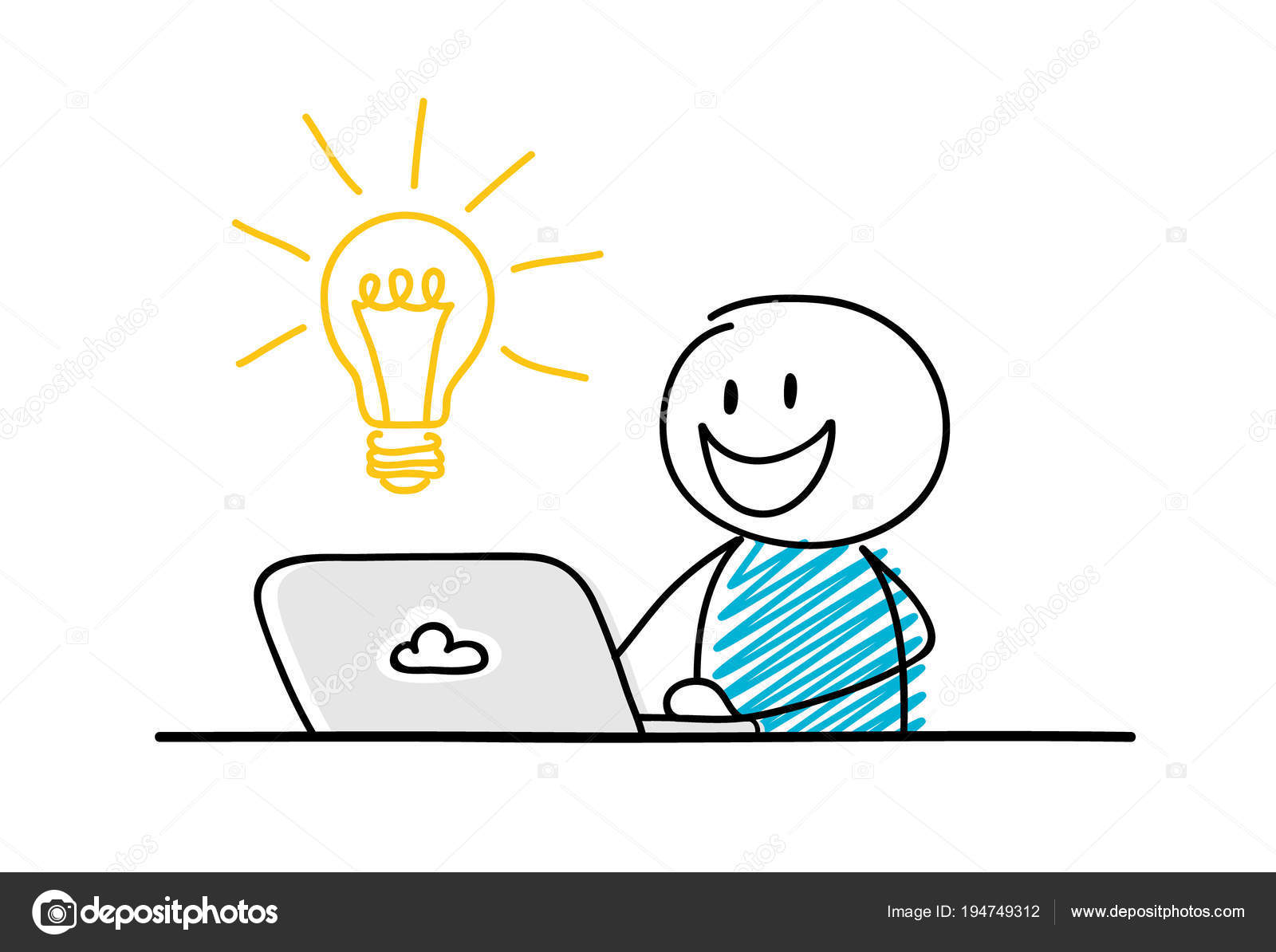 Funny Stickman Working Laptop Concept Bulb Icon Vector Stock Vector ...