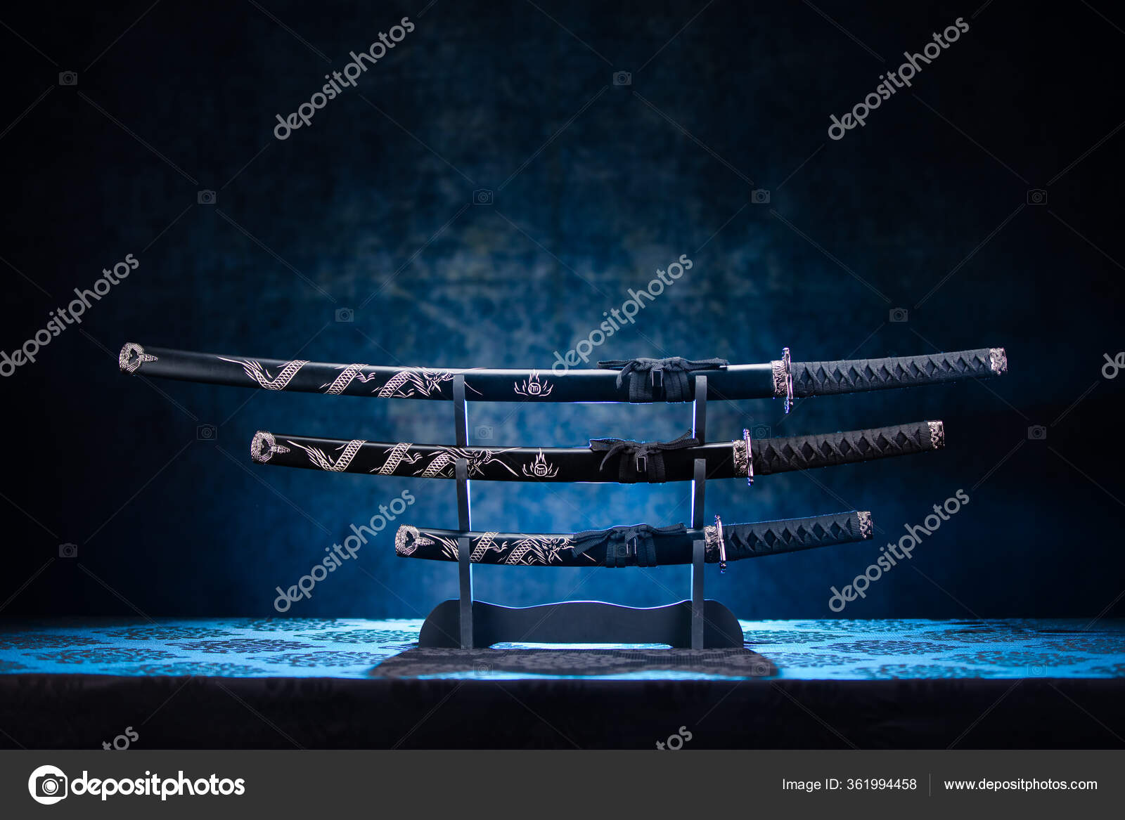 Katana Wakizashi Tanto Stand Dramatic Blue Light Stock Photo by ...