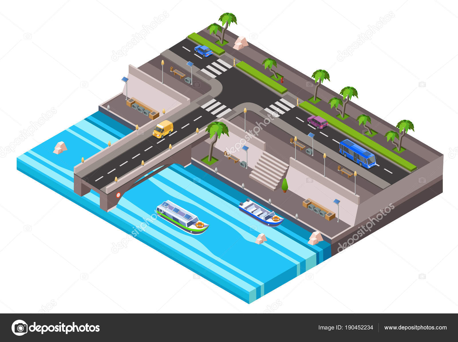 Vector isometric riverside embankment car roadway Stock Vector Image by ...