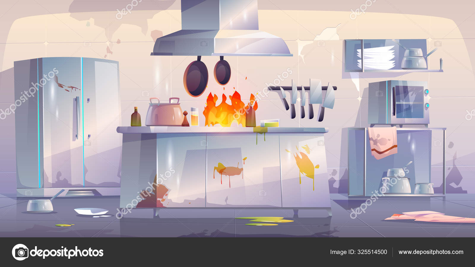 Damaged kitchen in restaurant, interior with fire Stock Vector Image by ...