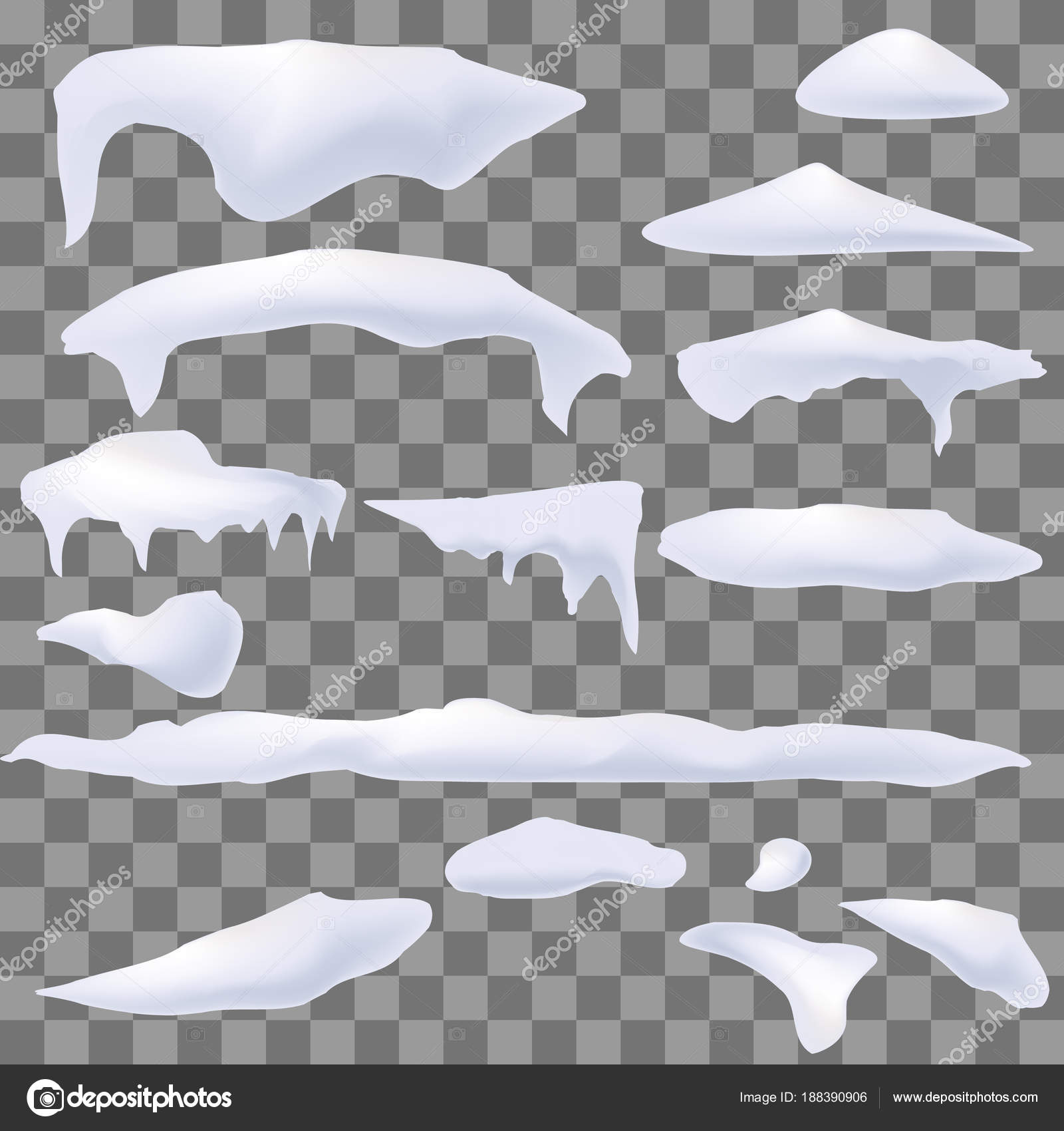 Set of white snow caps and ice vector frame. Isolated on transparent ...