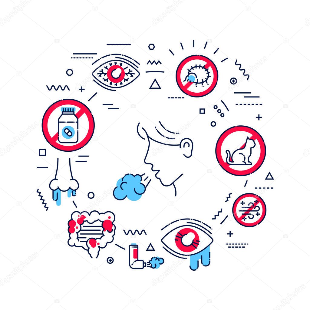 S ntomas de alergia web banner. Enfermedades dermatol gicas, infecciosas. Infograf as con iconos ...