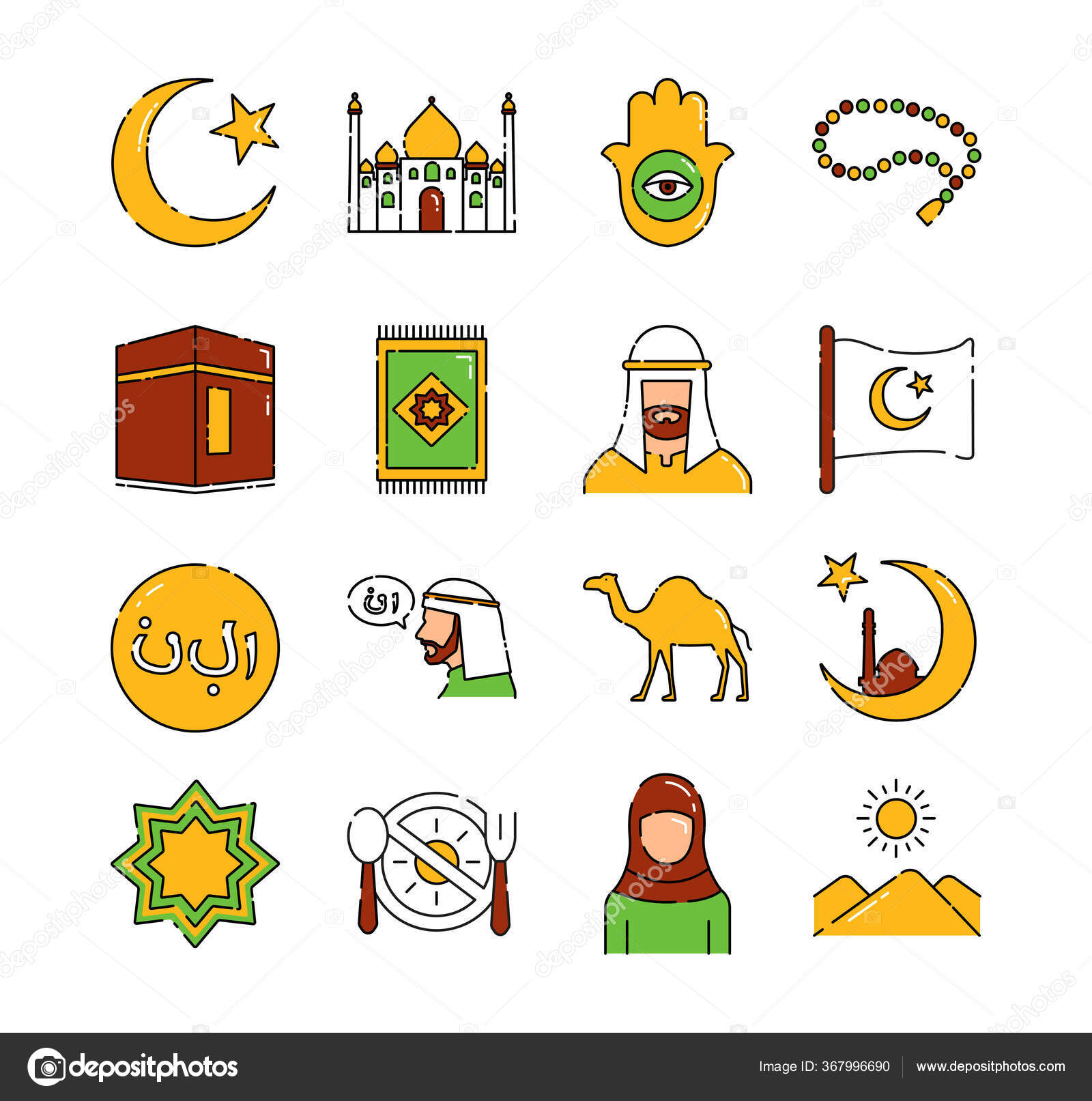 Islam Color Line Icons Set Symbols Muslim Religion Pictograms Web Stock ...