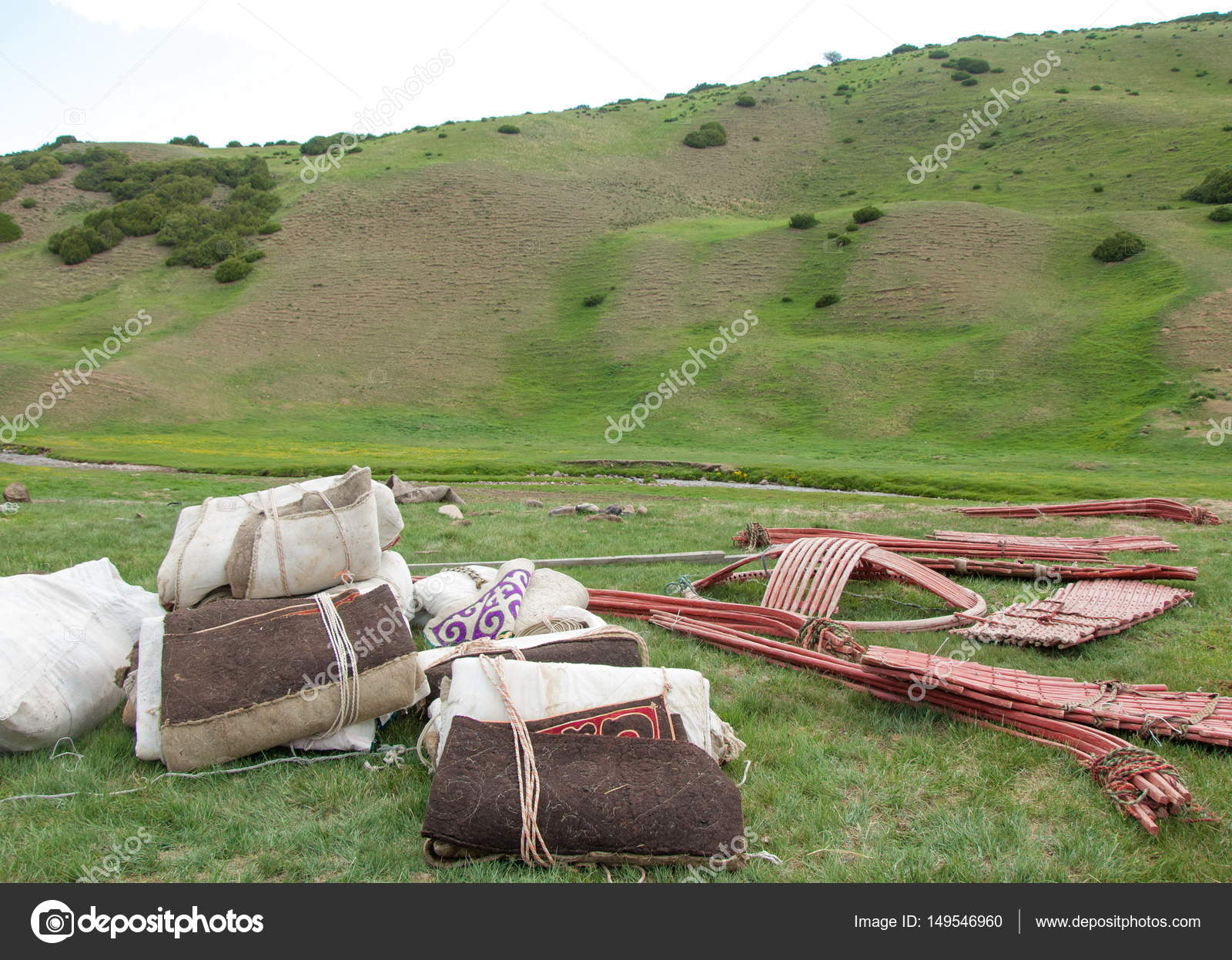 Kazakhstan in July 2014 construction of the yurt. a circular tent of ...