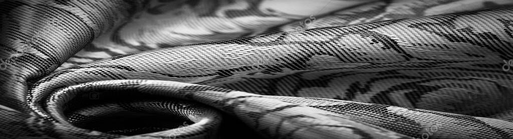 patrón de relieve, textil compuesto, tela de seda en blanco y negro ...