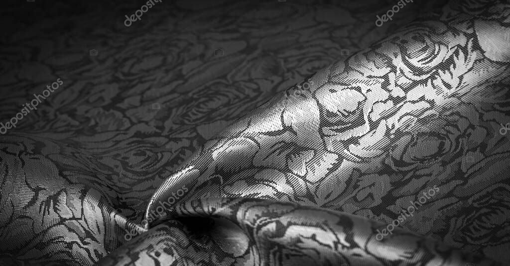 patrón de relieve, textil compuesto, tela de seda en blanco y negro ...