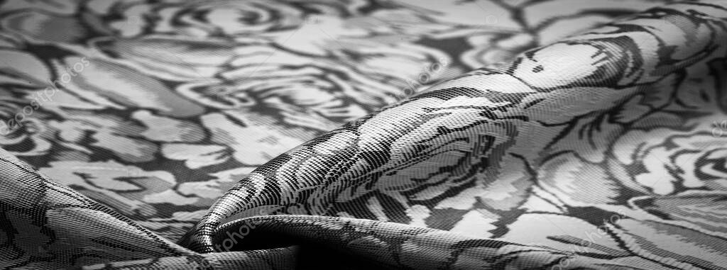 patrón de relieve, textil compuesto, tela de seda en blanco y negro ...