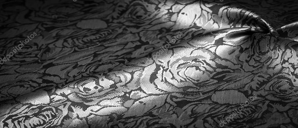 patrón de relieve, textil compuesto, tela de seda en blanco y negro ...