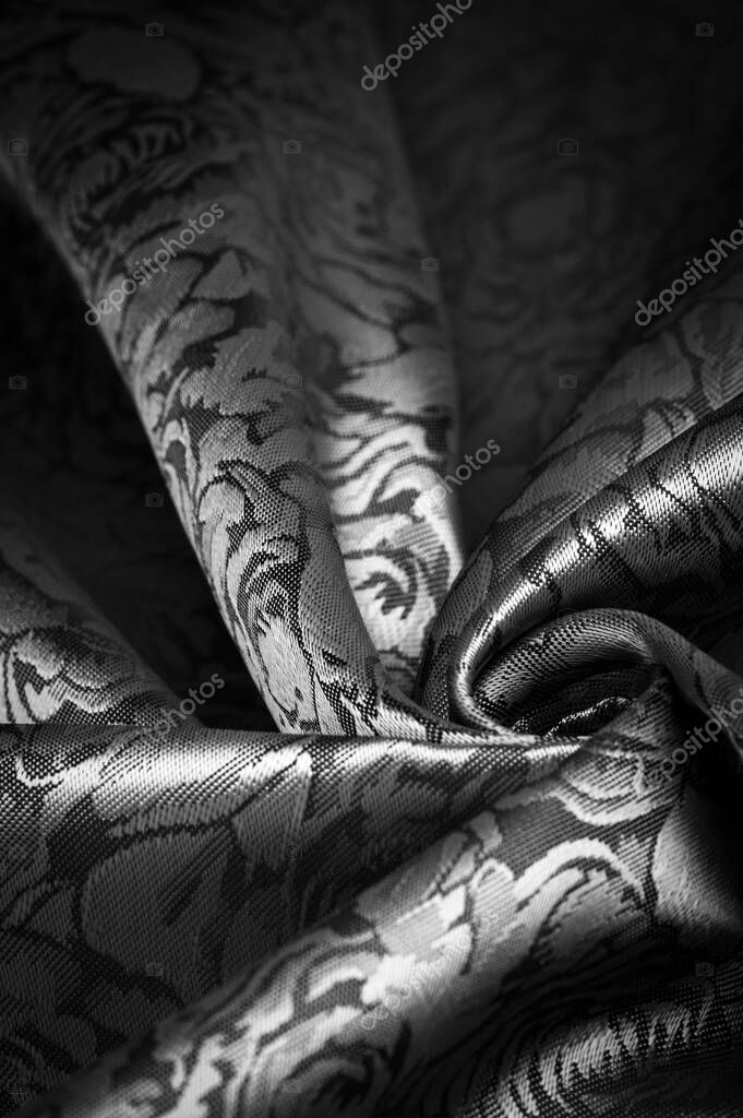 patrón de relieve, textil compuesto, tela de seda en blanco y negro ...