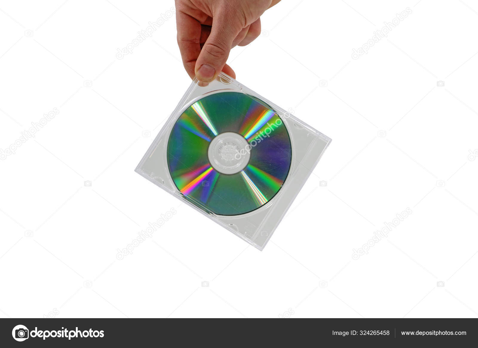 Male hand holding CD with transparent case isolated on white background ...