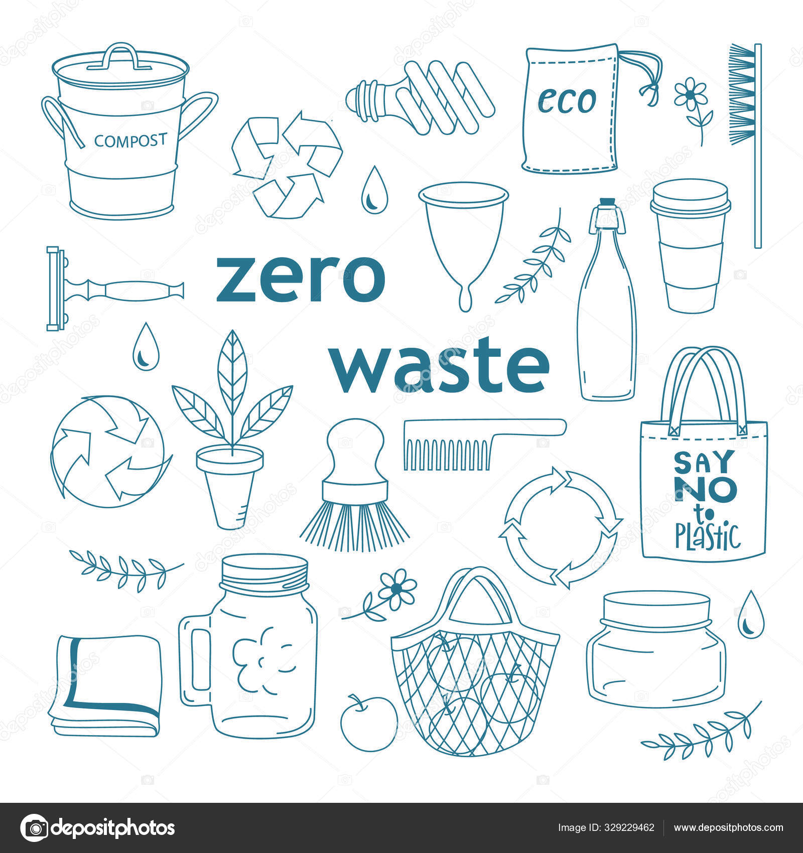 Zero waste concept. Monochrome line art collection of eco and waste ...