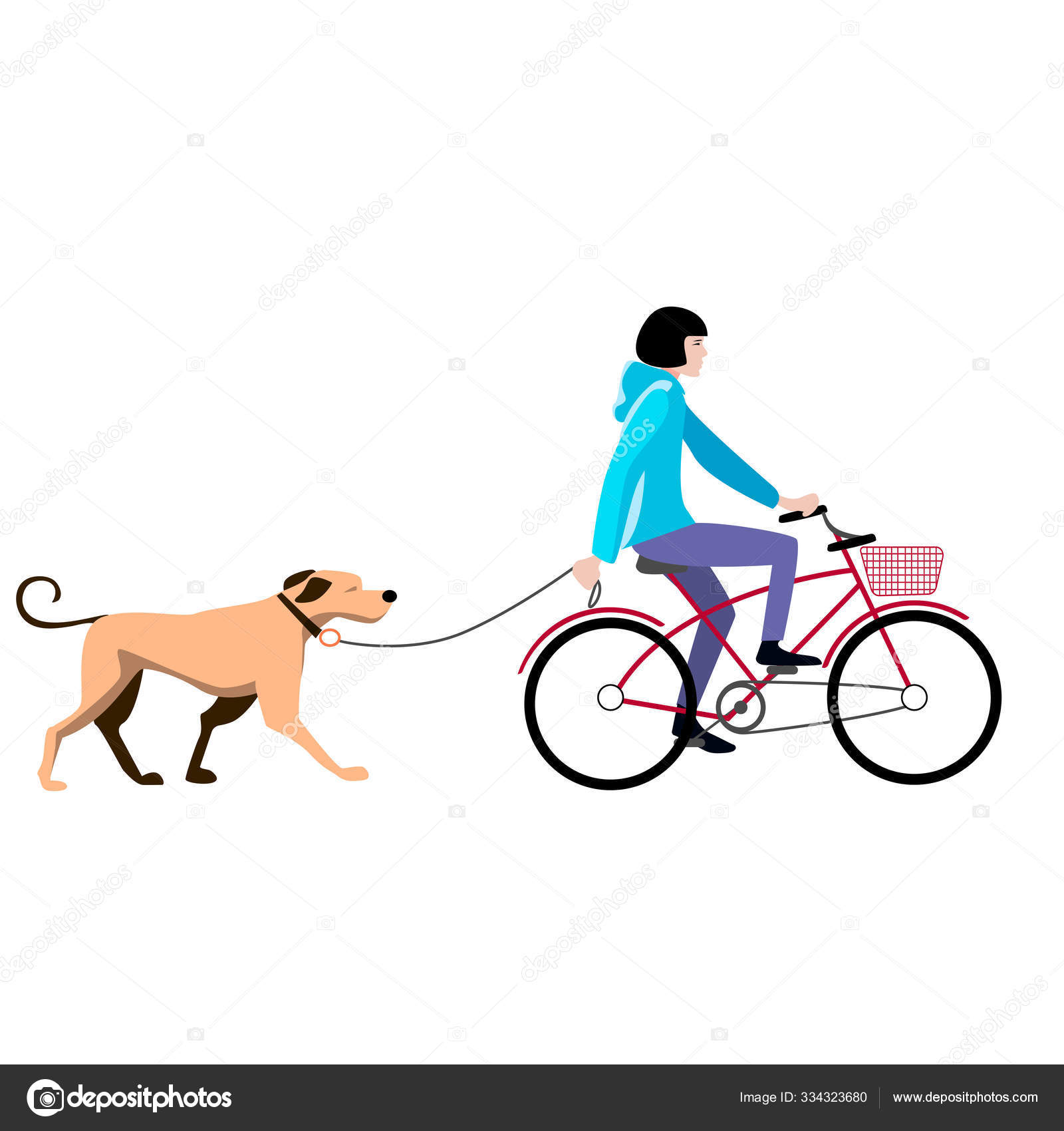 Vector cartoon illustration of young redhead woman riding a dog runs ...