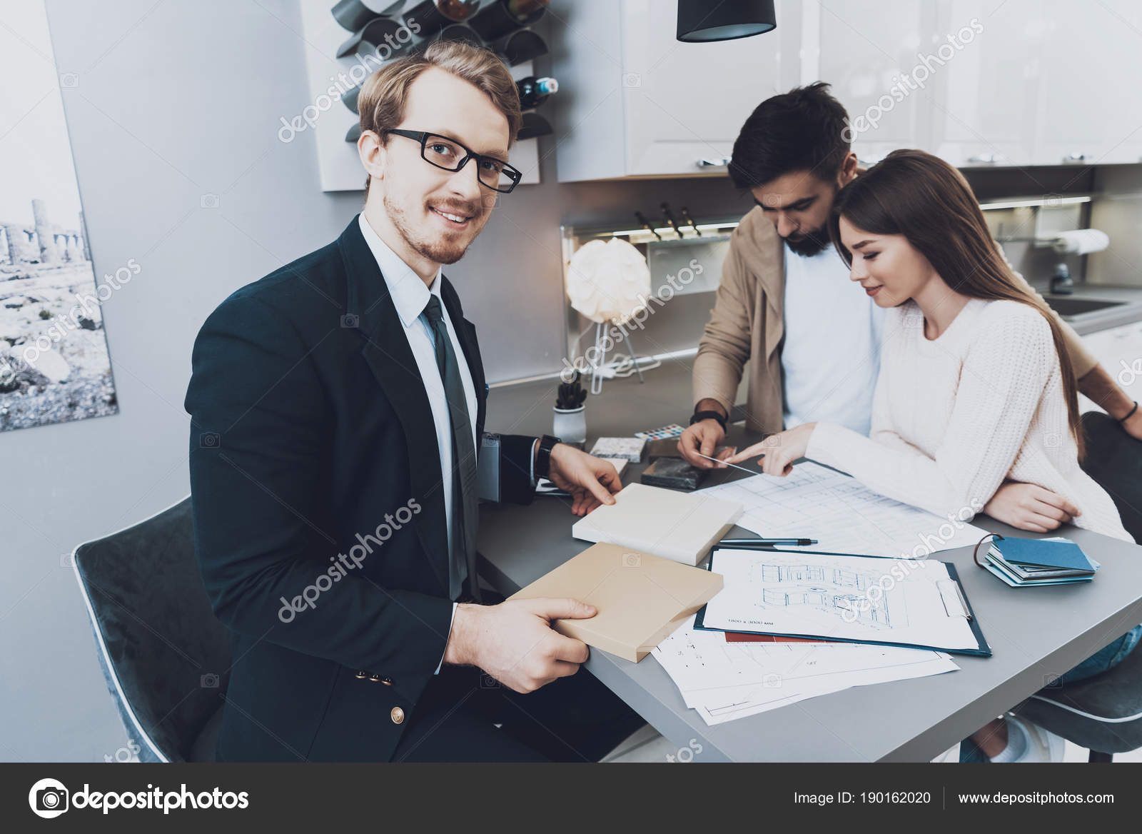 Manager Suit Showing Different Materials Couple Clients Kitchen Store ...