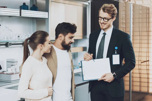 Manager Suit Showing Different Materials Couple Clients Kitchen Store ...