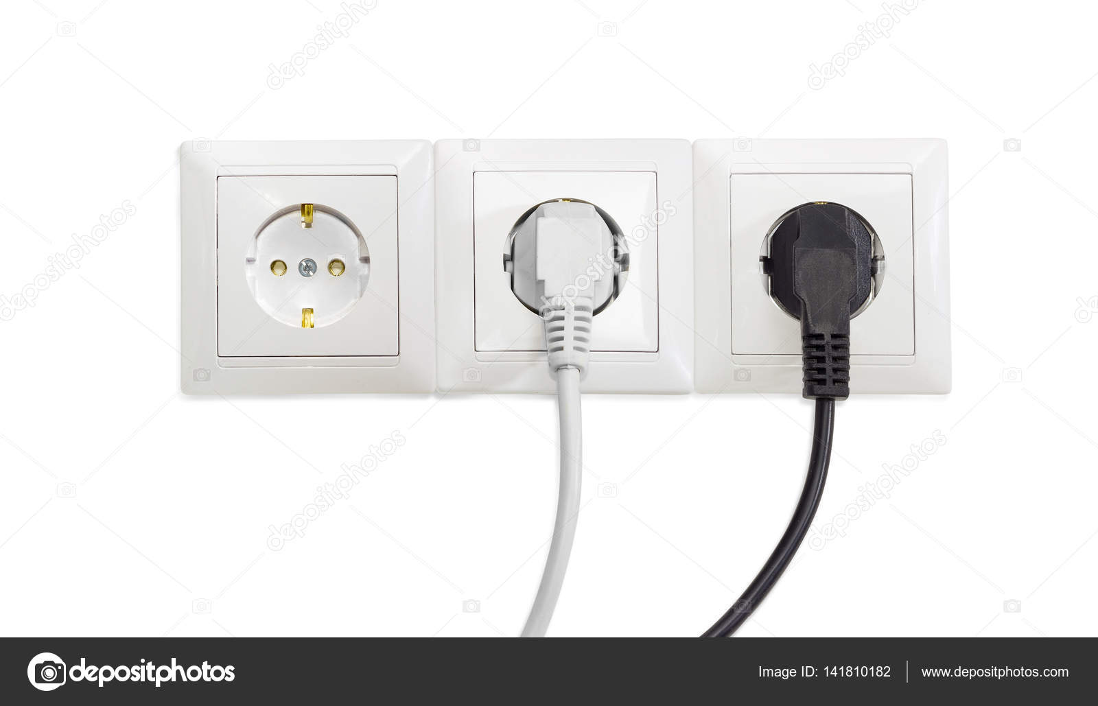 Three white socket outlet with two connected power plugs Stock Photo by ...