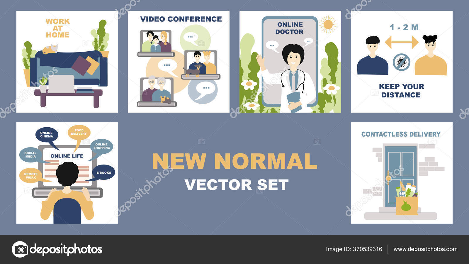 New Normal Lifestye Vector Set Outbreak Coronavirus Covid Online Life ...