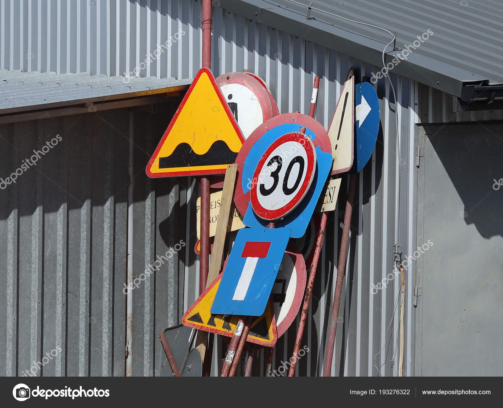 Warehouse Old Worn Road Signs Rusty Metalol Regulation Rules Road Stock ...