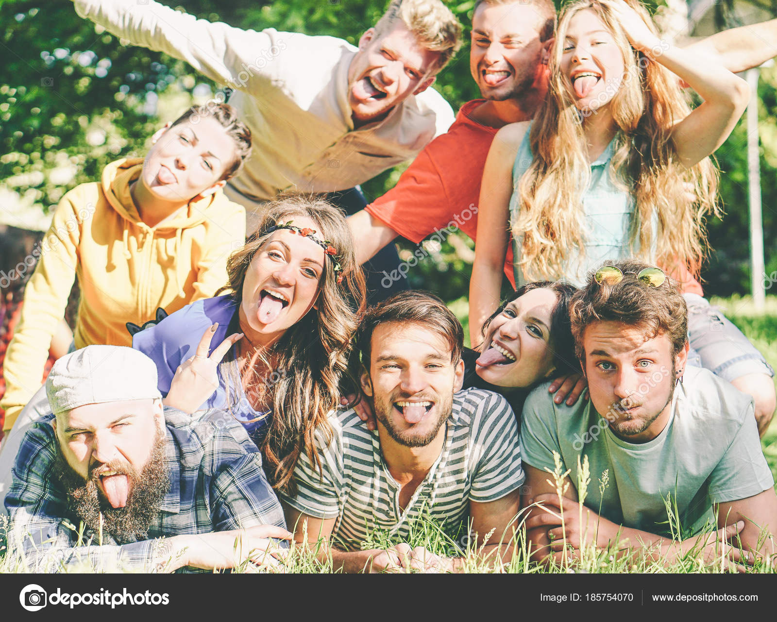 Group Friends Having Fun Together Lying Grass While Making Self — Stock ...