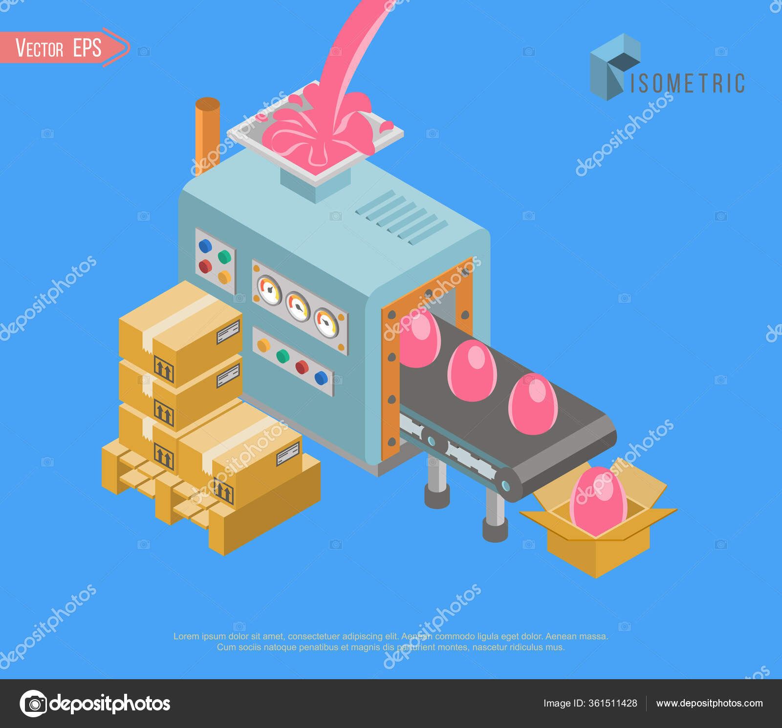 Conveyor packing parcels. Vector Easter eggs 3D isometric concept ...
