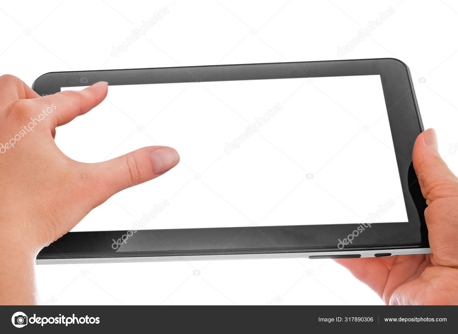 In human hands tablet computer touch-screen gadget with isolated Stock ...