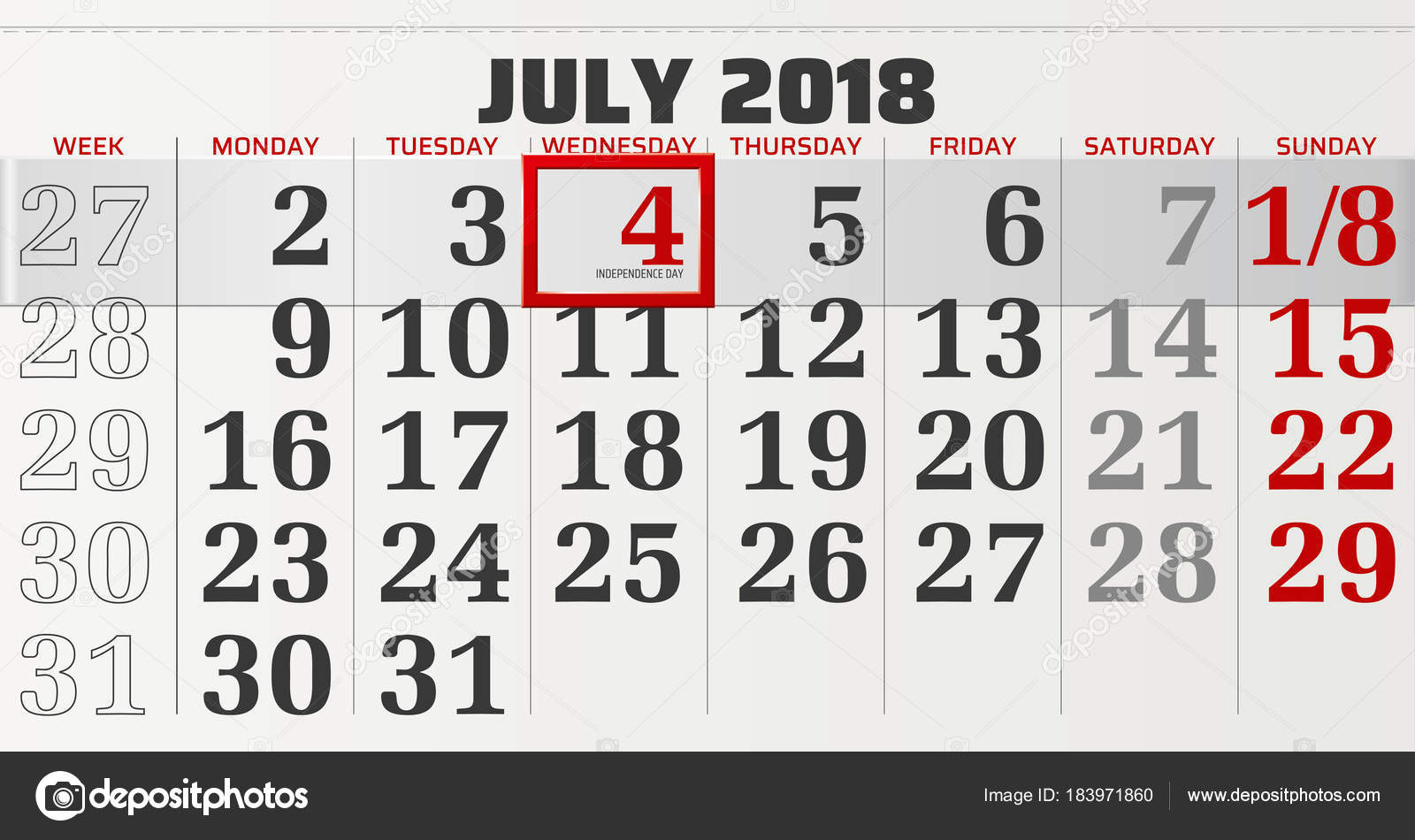 Vector Calendar July 2018 Slidable Red Frame Highlighting Independence ...