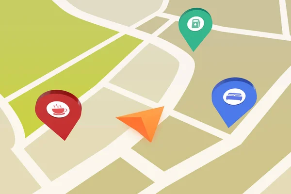 GPS Navigation Arrow passing by map point markers with coffee cup ...