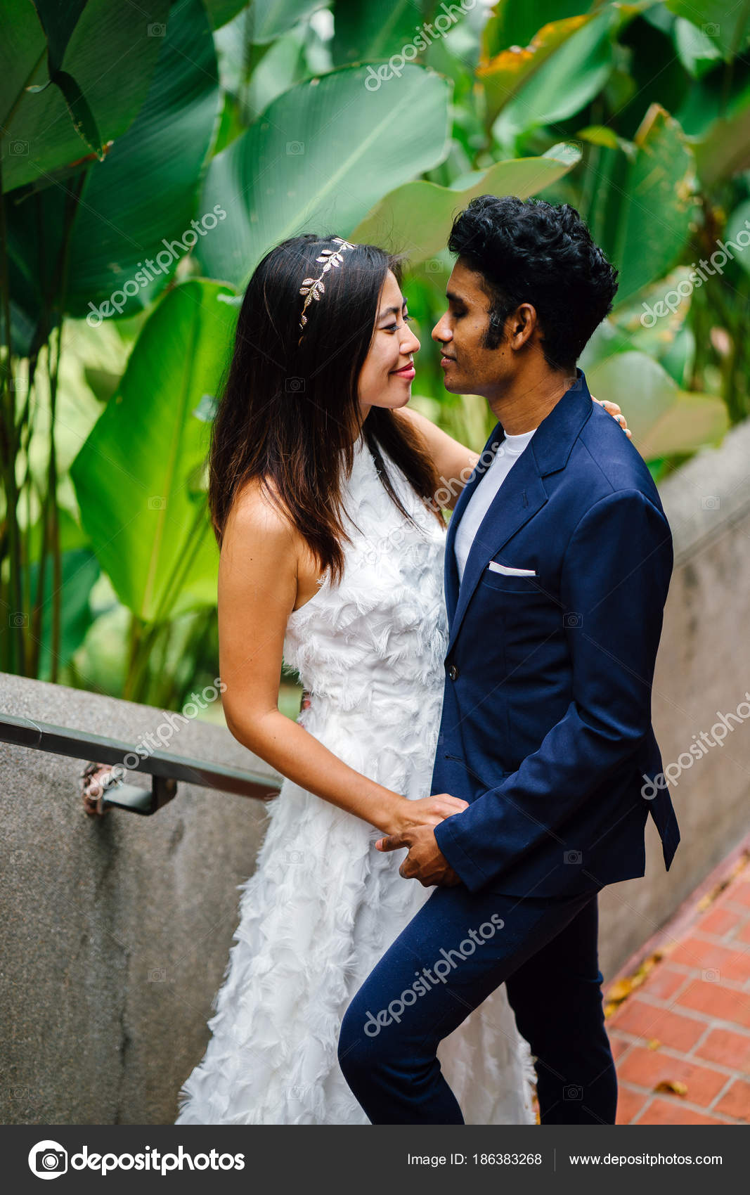 Attractive Couple Different Races Stand Together Park Day Asia Taking ...