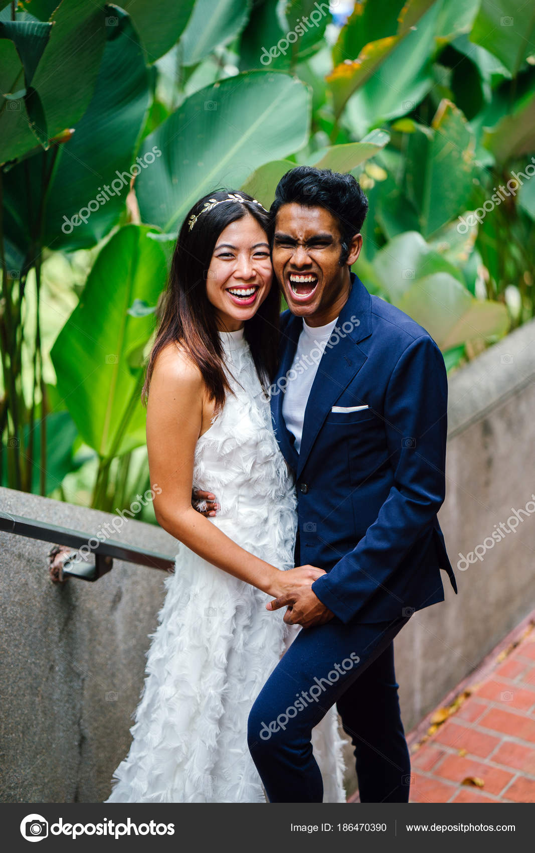 Attractive Couple Different Races Stand Together Park Day Asia Taking ...