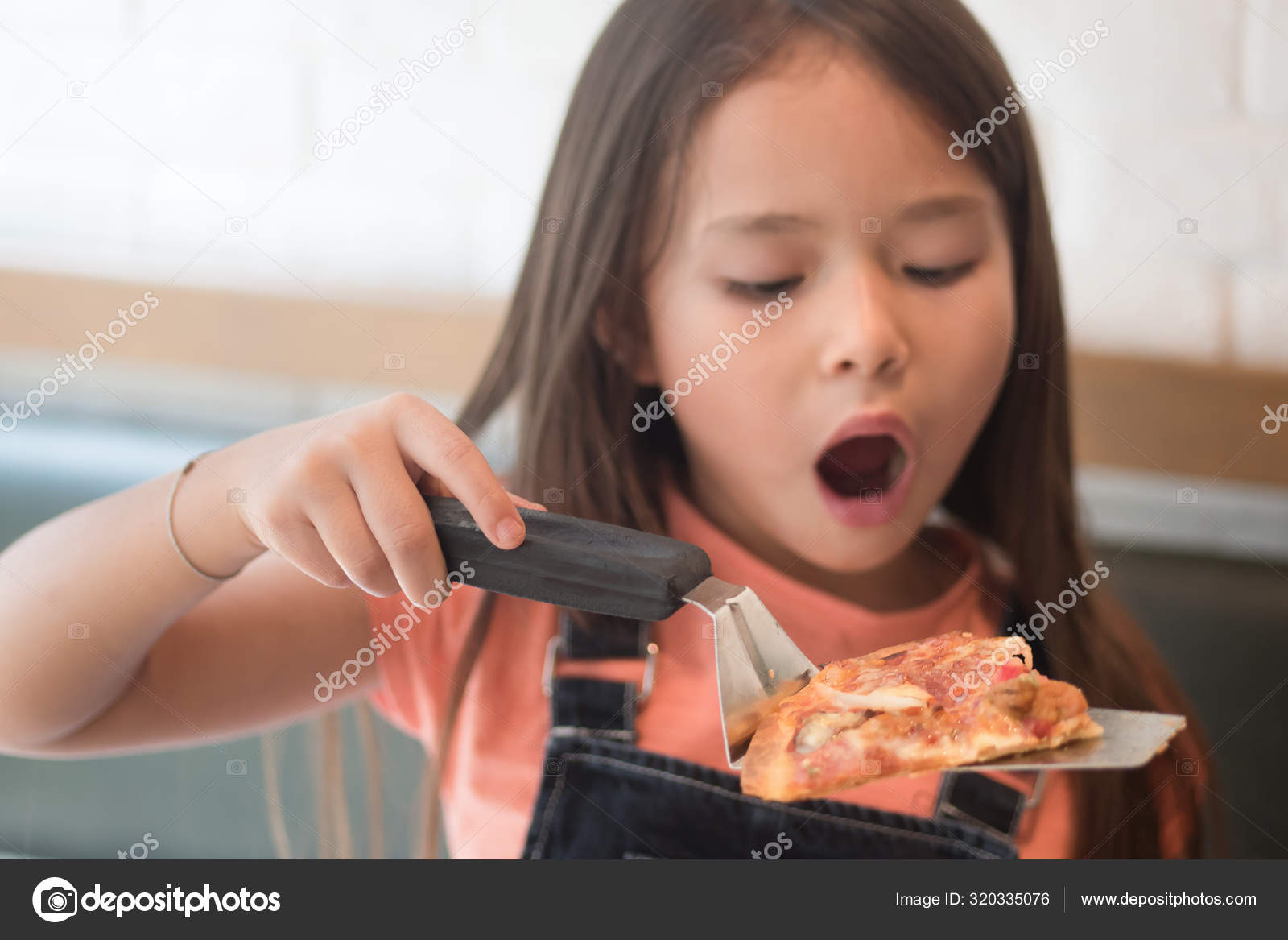Cute Happy Little Girl Eating Slice Cheesy Pizza — Stock Photo © 9nong ...