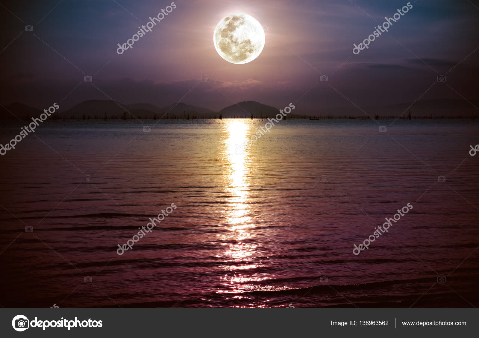 Romantic scenic with full moon on sea to night. Reflection of moon ...