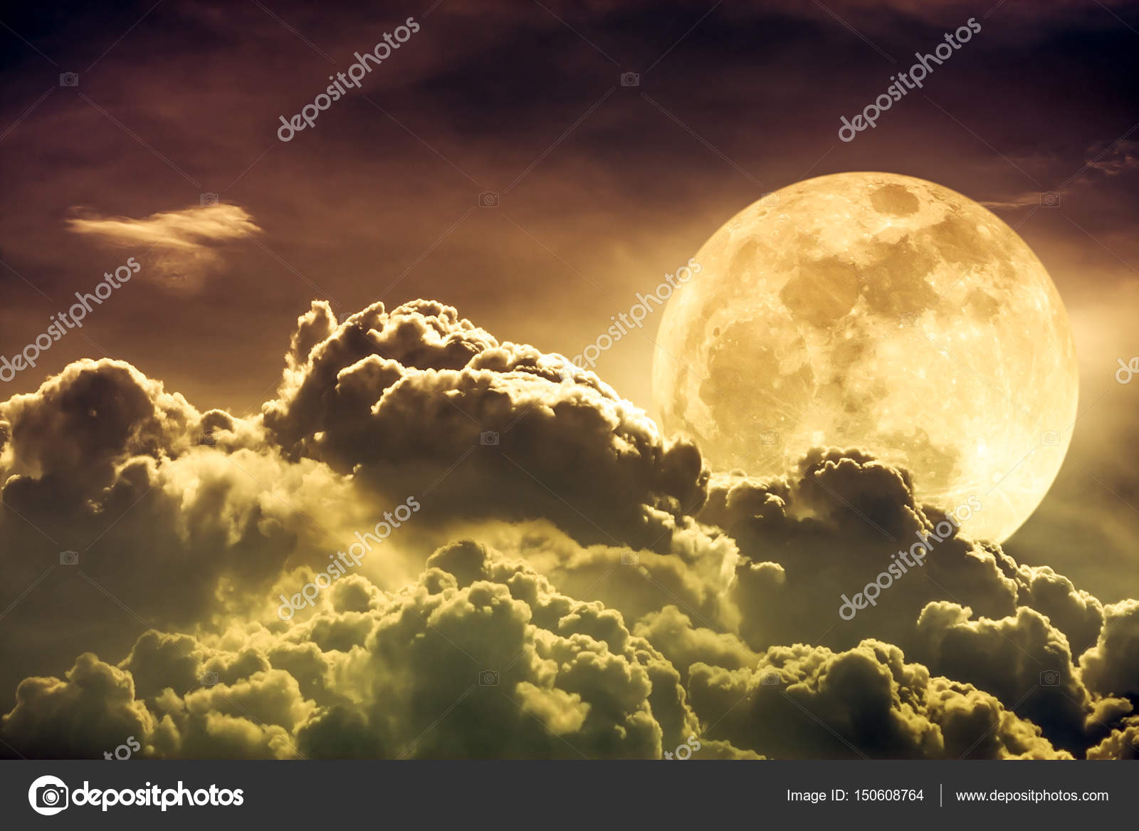 Nighttime sky with clouds and bright full moon with shiny. Sepia tone ...