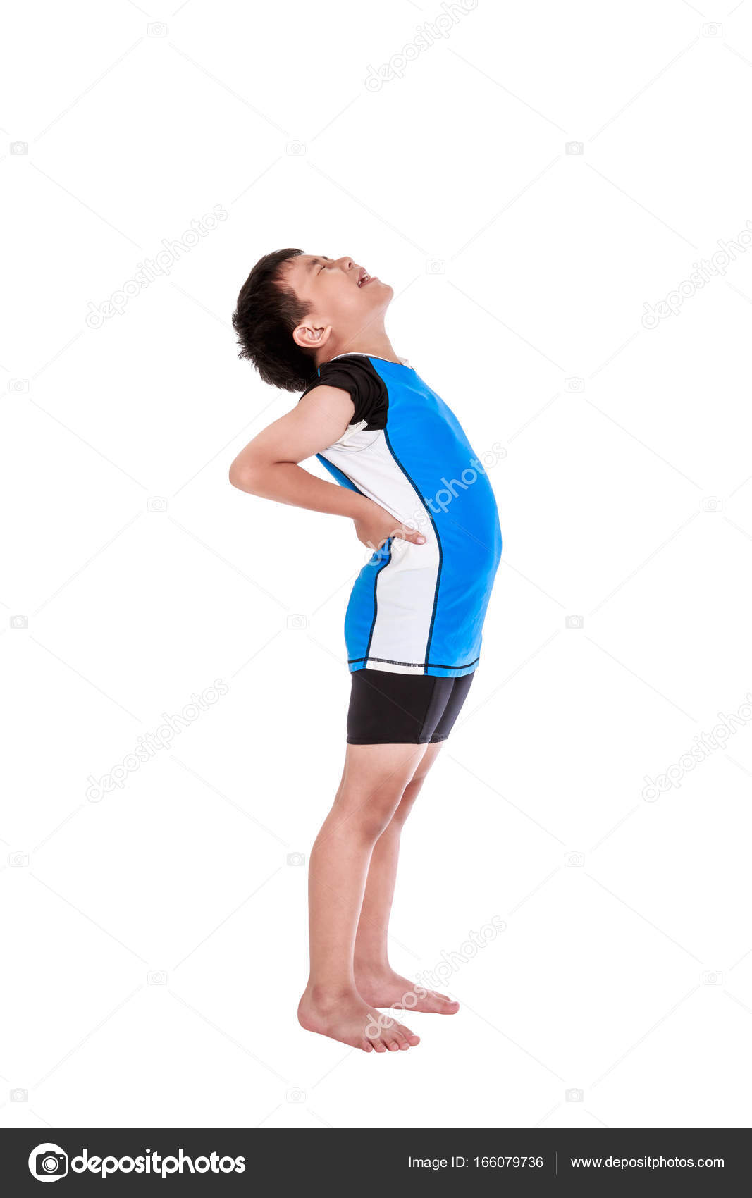 Asian child athletes suffering from low back pain. Isolated on white ...