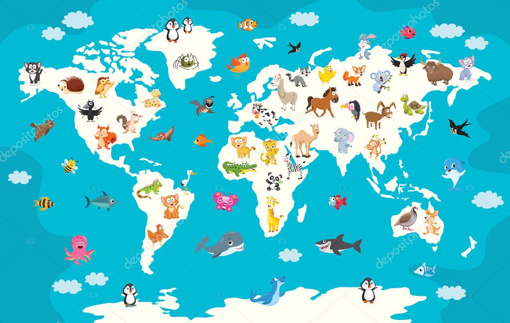 Mapa del mundo con animales de dibujos animados 2022