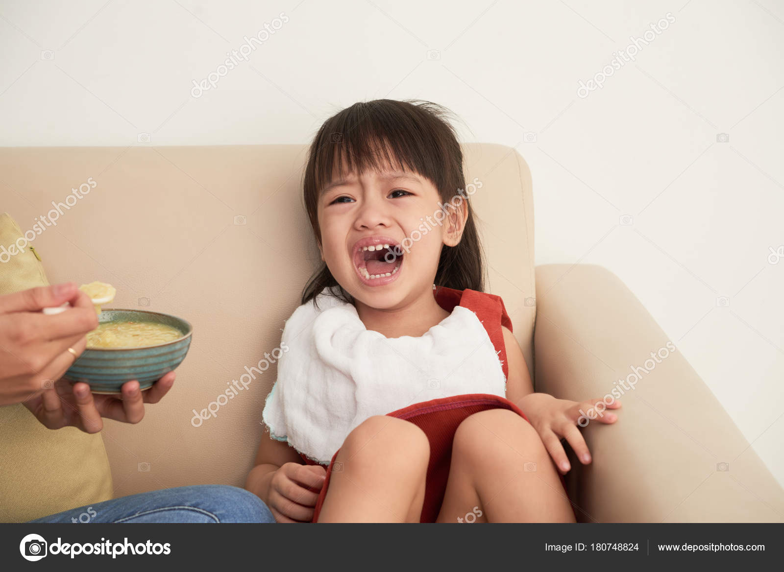Crying Asian Little Girl Does Want Eat Soup Stock Photo by ...
