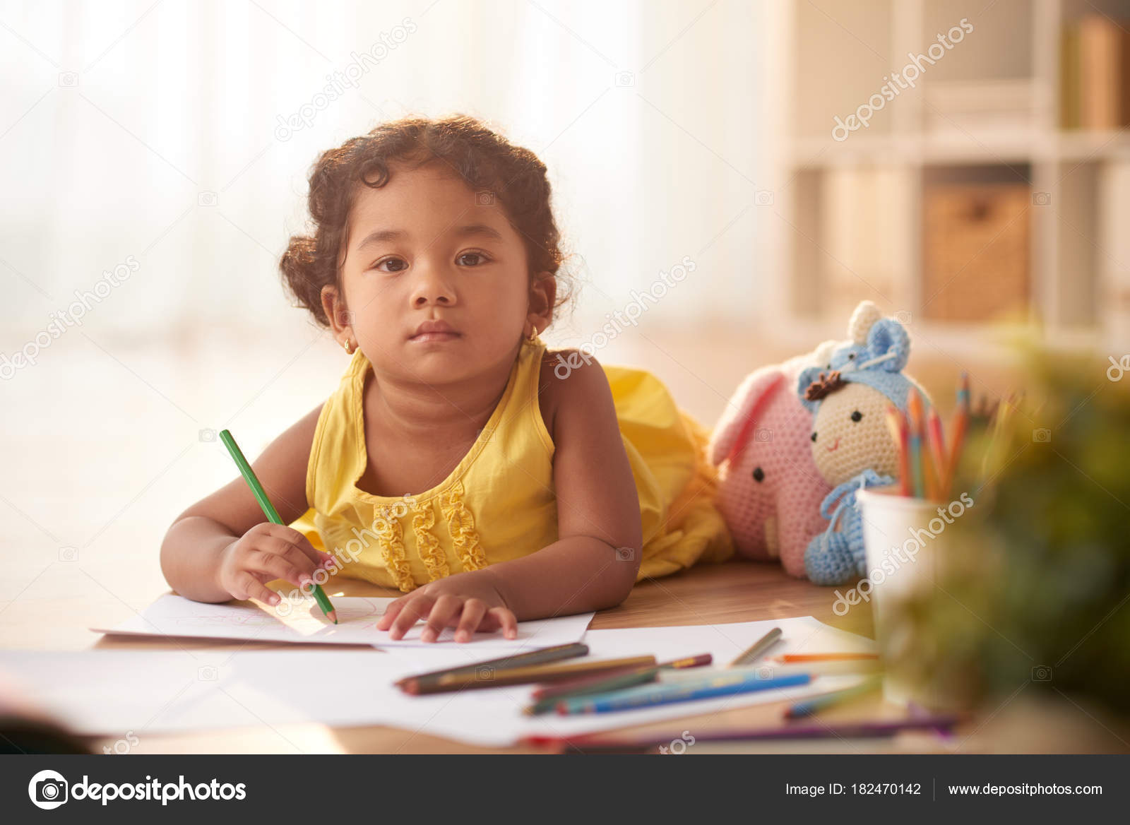 Cute Little Girl Distracted Drawing Picture Colored Pencil Looking ...