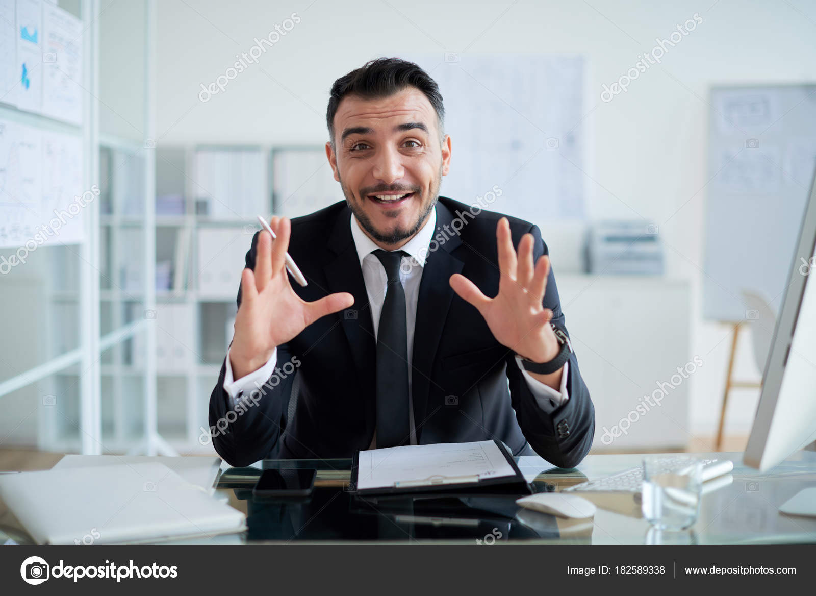 Caucasian Businessman Gesturing Hands Explaining While Sitting ...