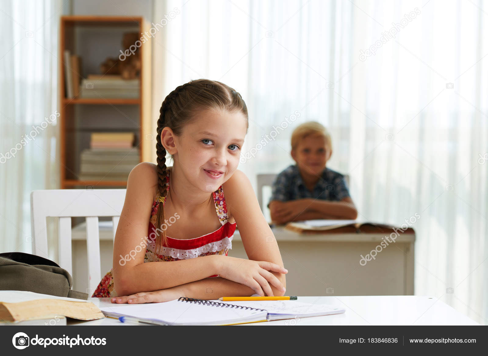 Portrait Adorable Smiling Girl Sitting Desk Looking Camera Stock Photo ...