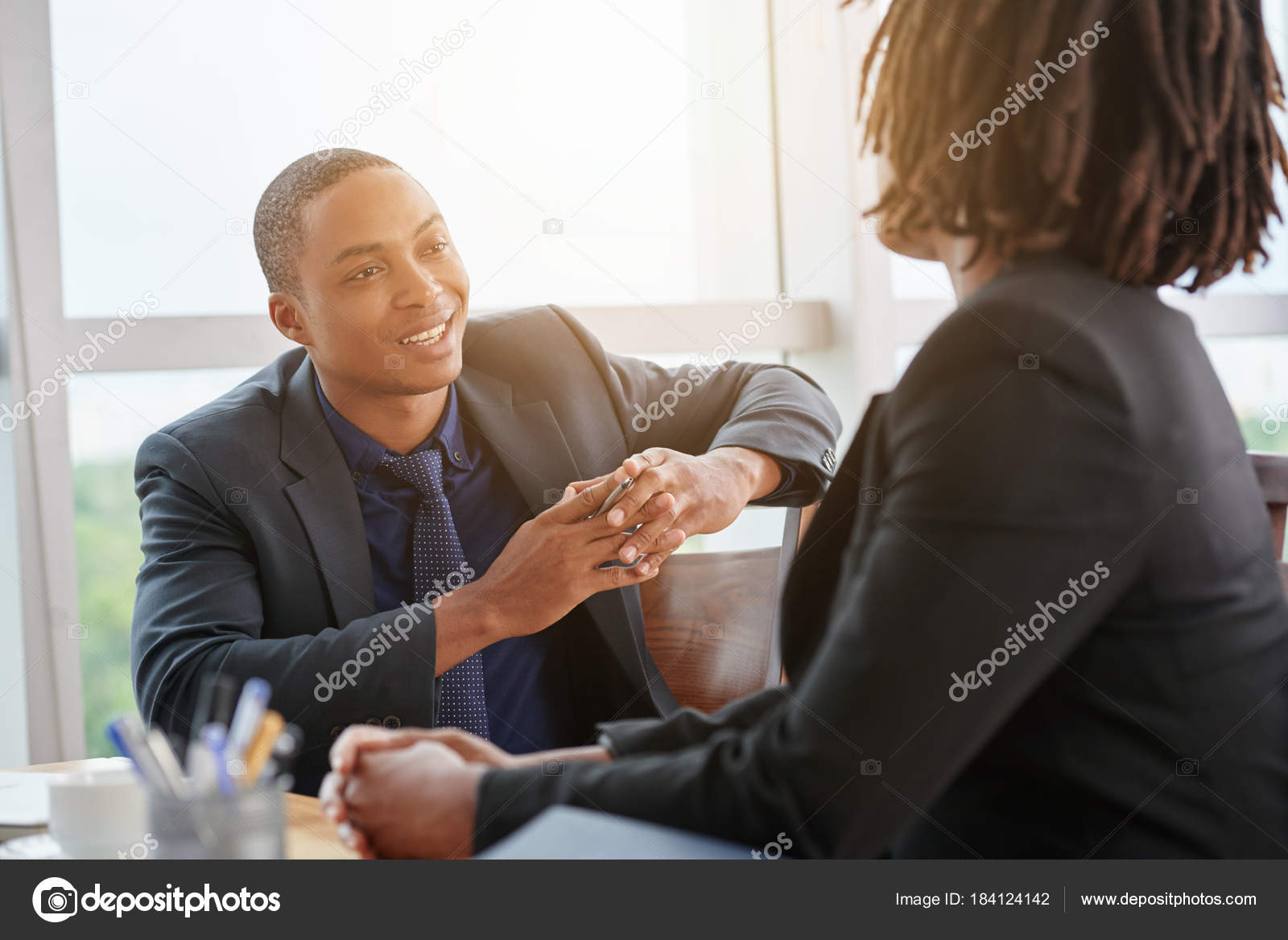 Handsome Young Businessman Conducting Interview Female Applicant ...