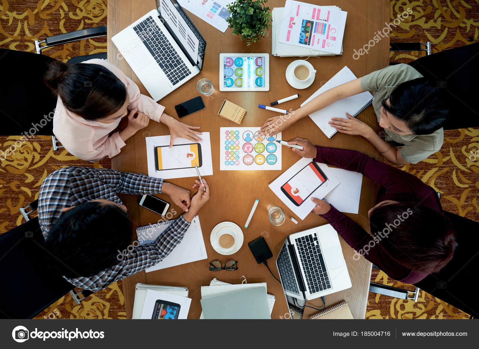 Project Managers Discussing Icons Interfaces New Application Stock ...