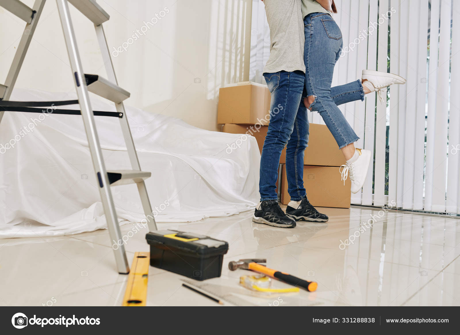 Man Lifting Kissing His Girlfriend Standing Room Renovation Ladder ...