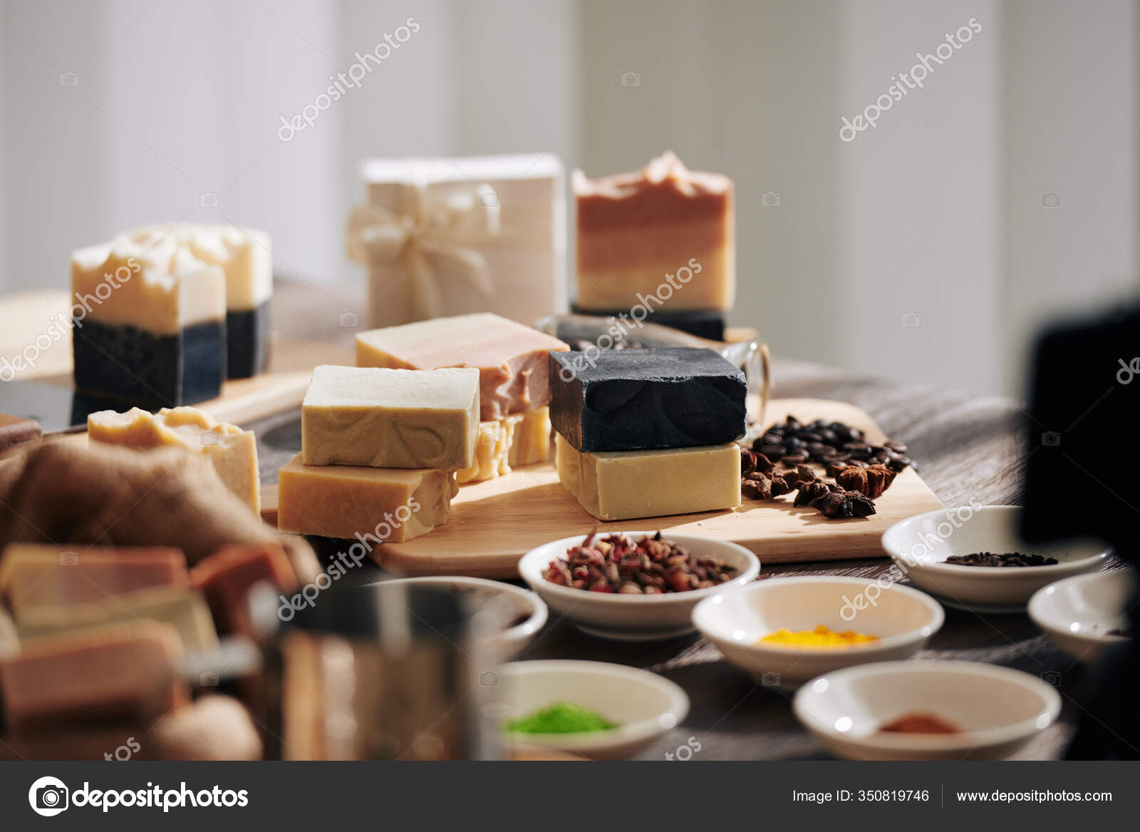 Various Soap Bars Bowls Natural Ingredients Table Workshop — Stock ...