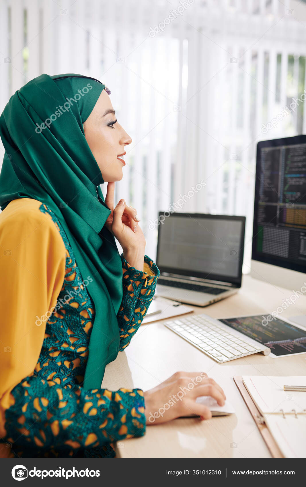 Excited Female Programmer Sitting Office Desk Writing Code Mobile ...
