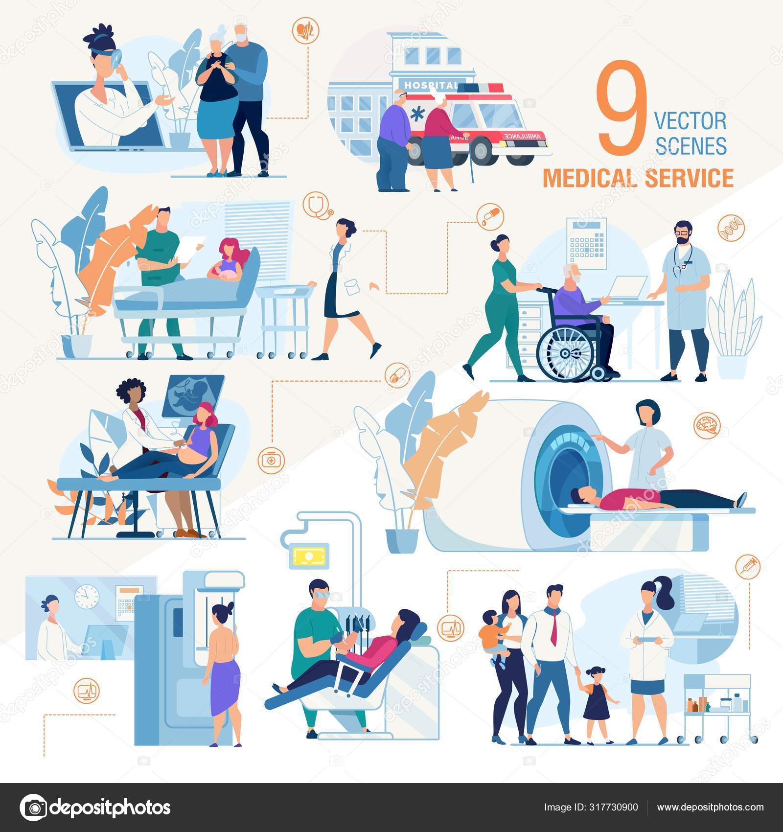 Clinic Medical Services Flat Vector Scenes Set Stock Illustration by ...
