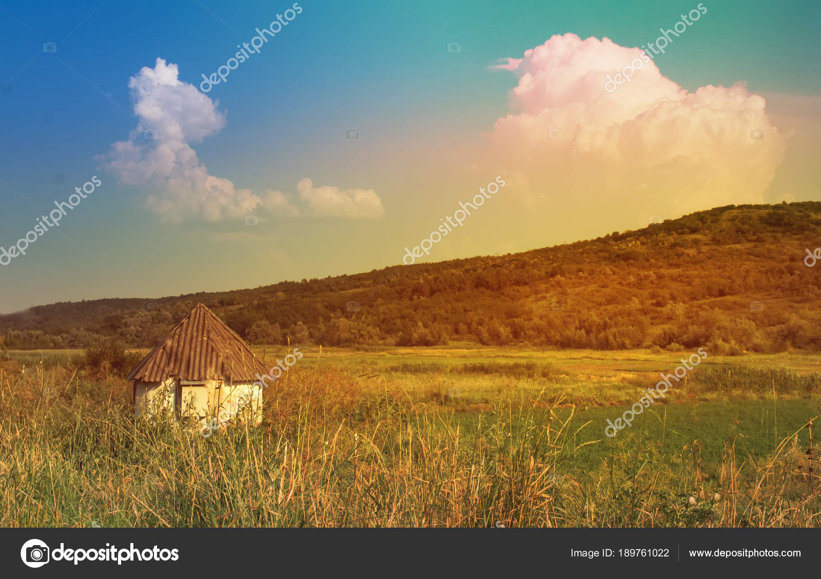 Little white old rural house surrounded by a sunny landscape, su ...