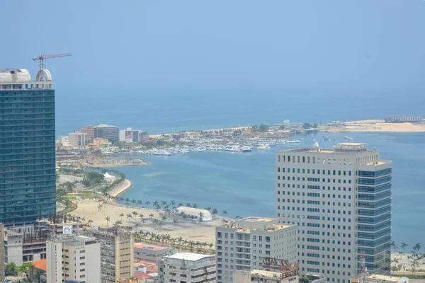 Aerial view of downtown Luanda, bay and Port of Luanda, marginal and ...