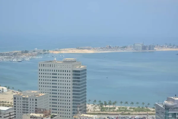 Aerial view of downtown Luanda, bay and Port of Luanda, marginal and ...