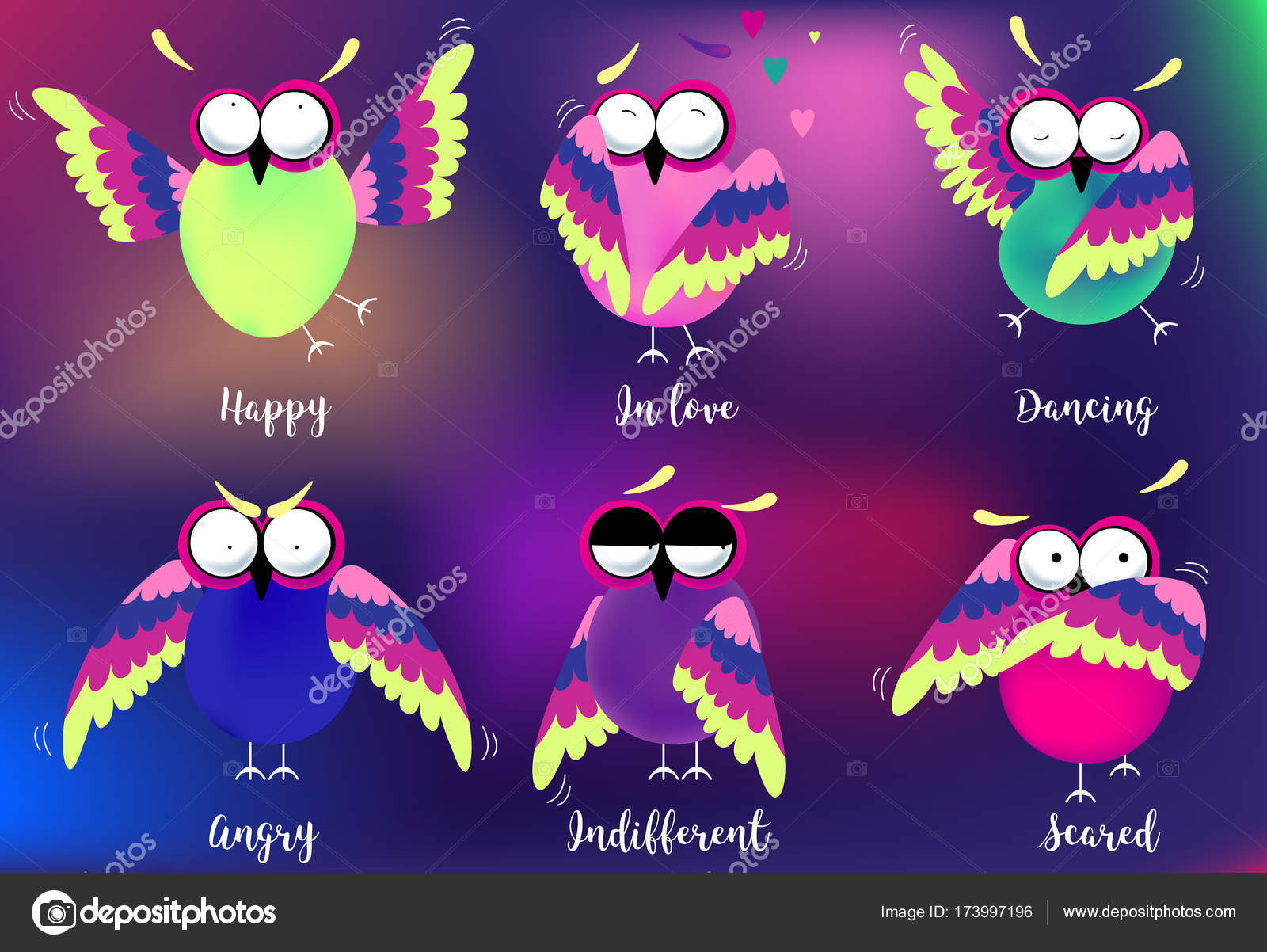 Juego de búhos de dibujos animados. Diferentes emociones, vector ...