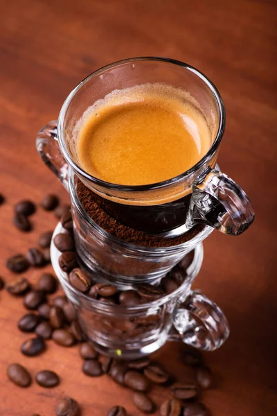 Glass Cups Sequence Vertically Coffee Beans Ground Creamy Drink Still ...